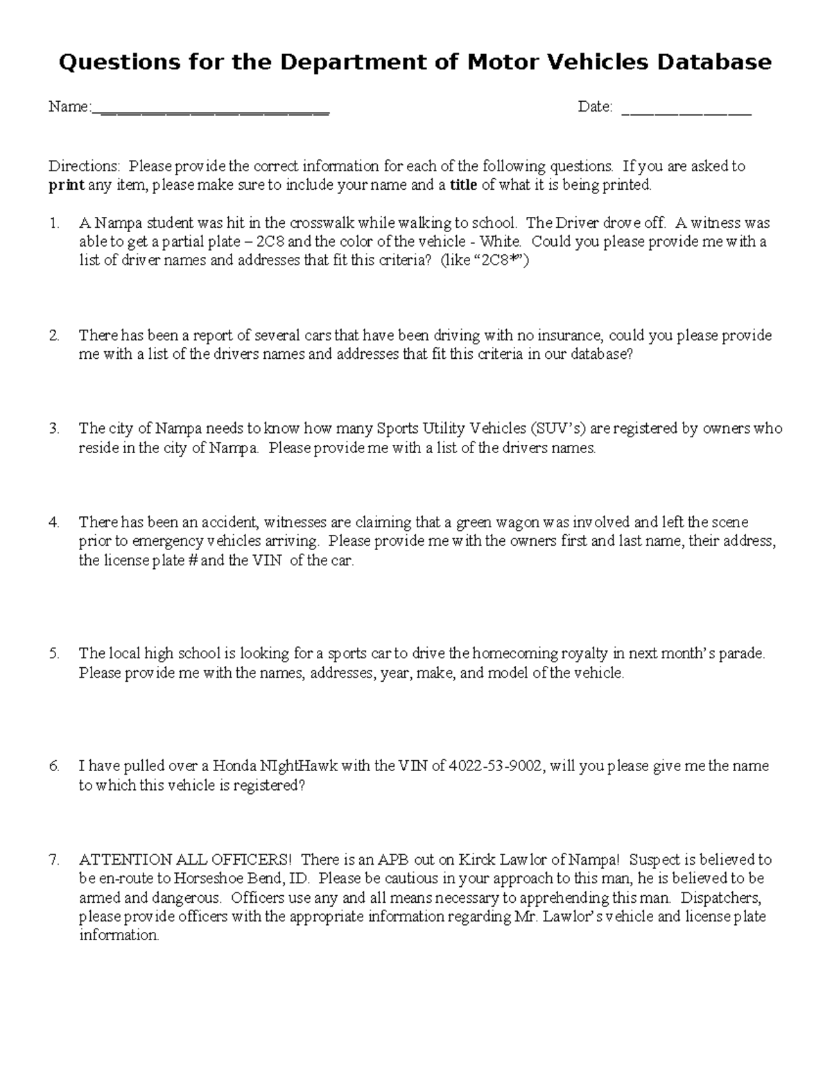 DMV Database Questions WS: Information Requests and Incident Reports ...