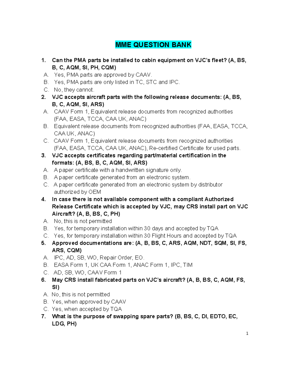 VJC MME Question Bank 1: Aircraft Parts and Maintenance Procedures ...