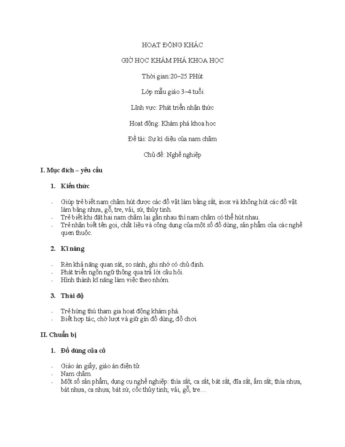 Khám Phá Sự Kì Diệu Của Nam Châm - Lớp Mẫu Giáo 3T - Studocu