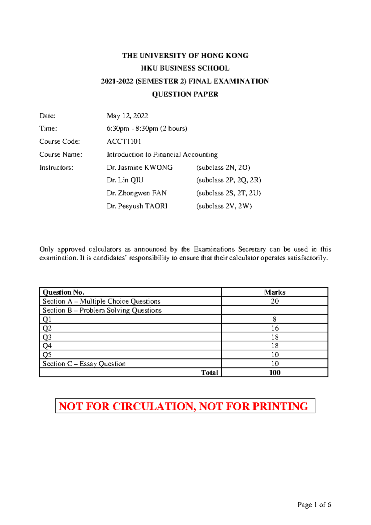 (ACCT 2022 Spring) Final Examination Question Paper for Intro to ...