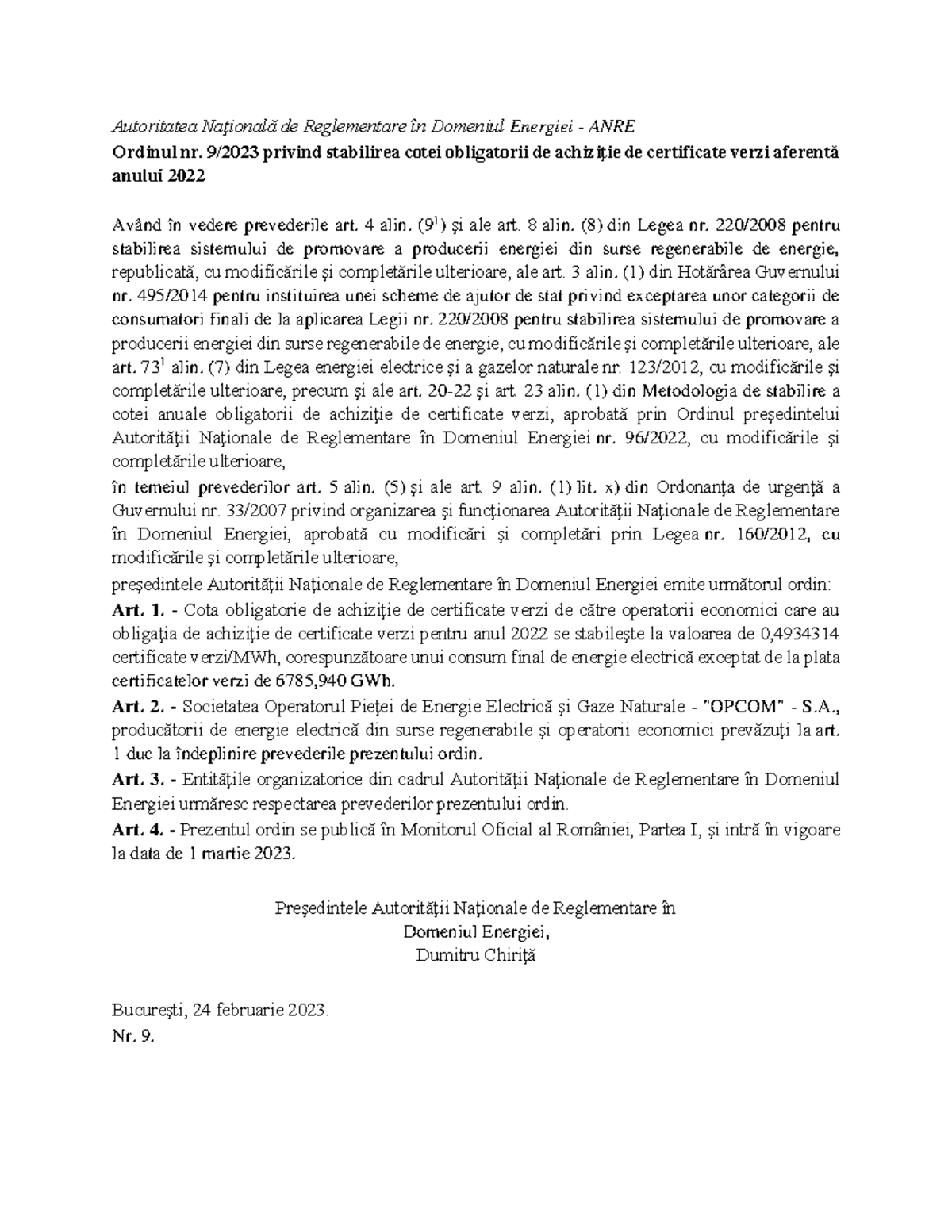 ANRE Ordin nr. 9/2023 - Cota Achiziţie Certificate Verzi - Studocu