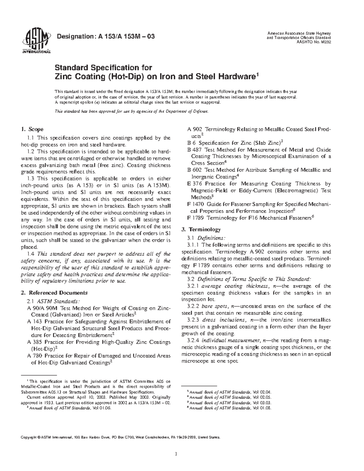ASTM A153 standard specification for zinc coasting(hot-dip ...