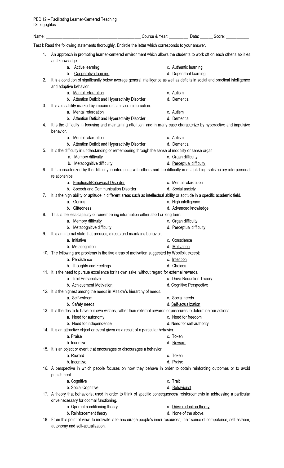 PED 12 - Facilitating Learner-Centered Teaching Study Guide - Studocu