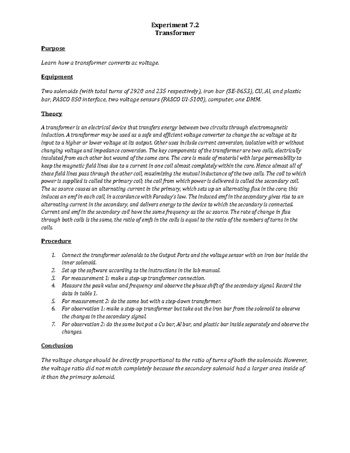 Experiment 7.2: Transformers Lab Report Example - Experiment 7 ...