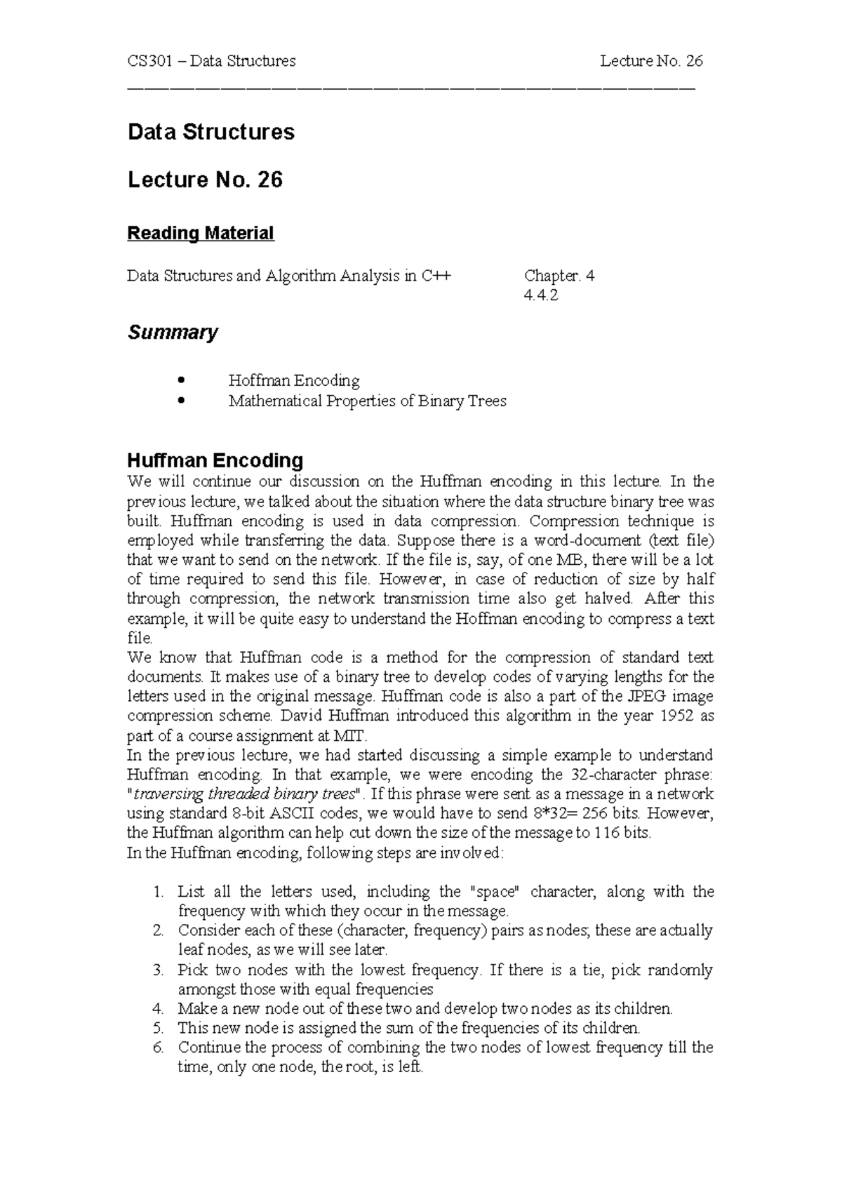 CS301 Data Structures Lecture 26: Huffman Encoding and Binary Trees - Studocu