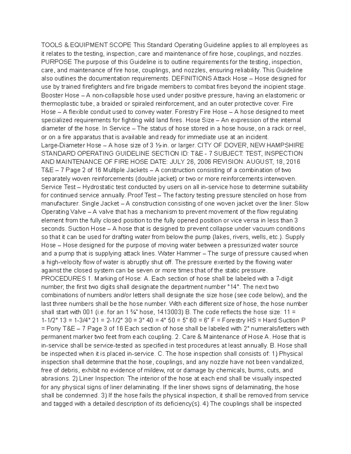 CITY OF DOVER, NH SOG: Maintenance of Cold Water Rescue Equipment T&E-8 ...
