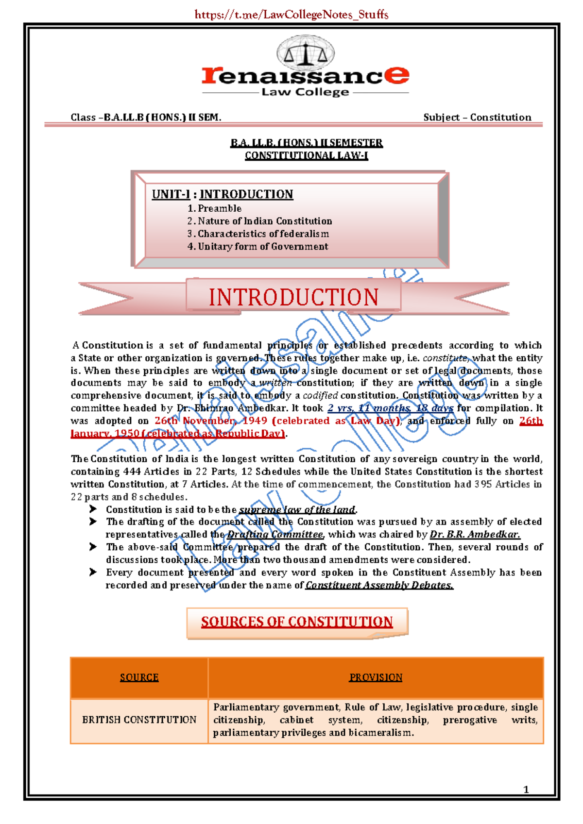 Constitution I & II: Comprehensive Study Notes for B.A.LL (HONS.) II ...