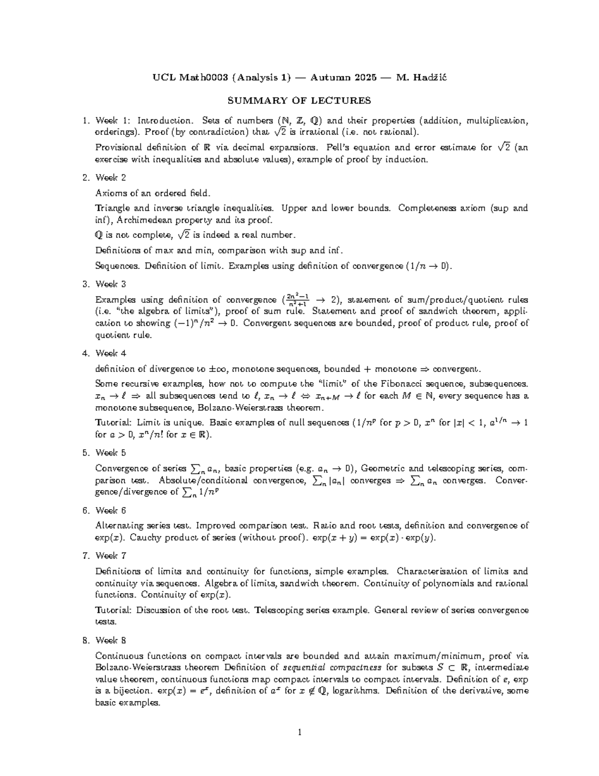 UCL (Analysis 1) Autumn 2025: Summary of Lecture Notes - Studocu
