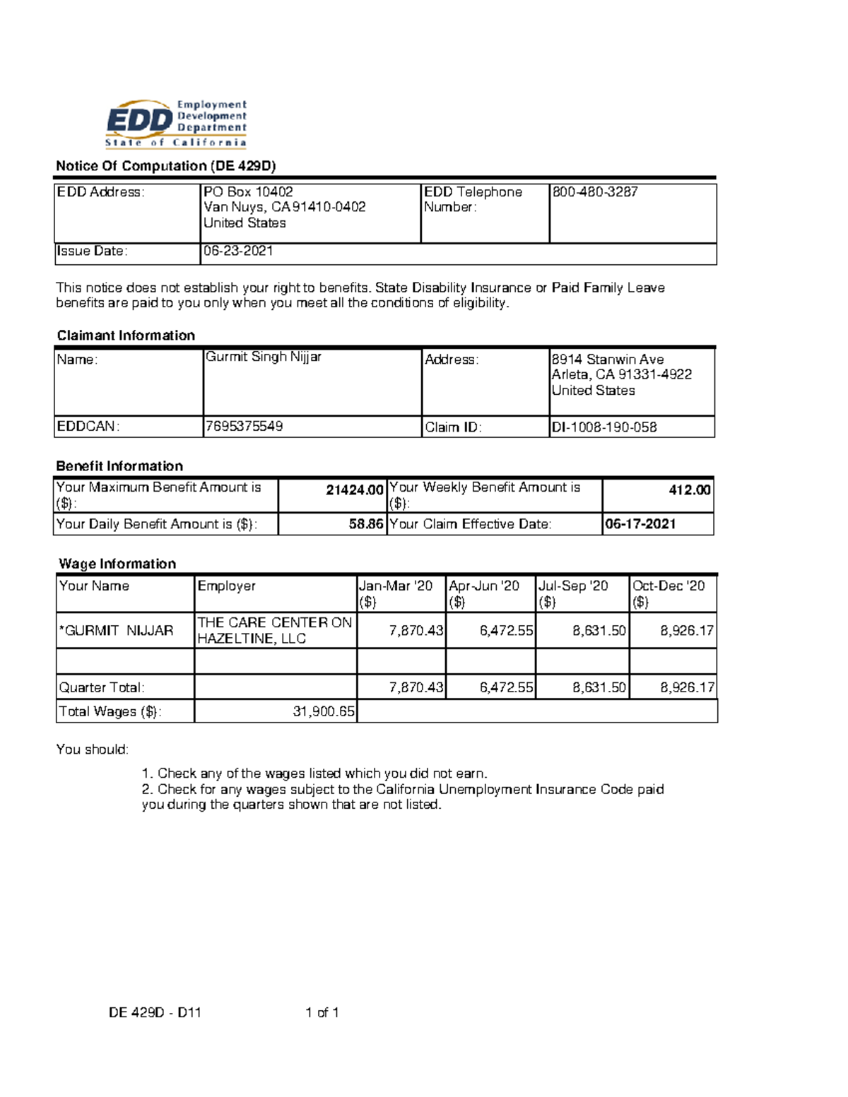 DE429D - Notice of Computation and Benefits Information - Studocu