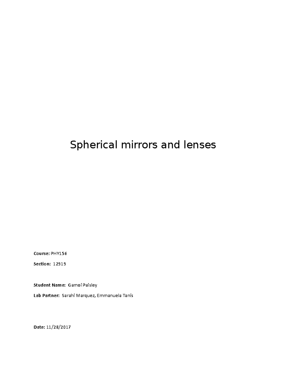 Lab 11: Exploring Spherical Mirrors and Lenses in PHY156 - Studocu