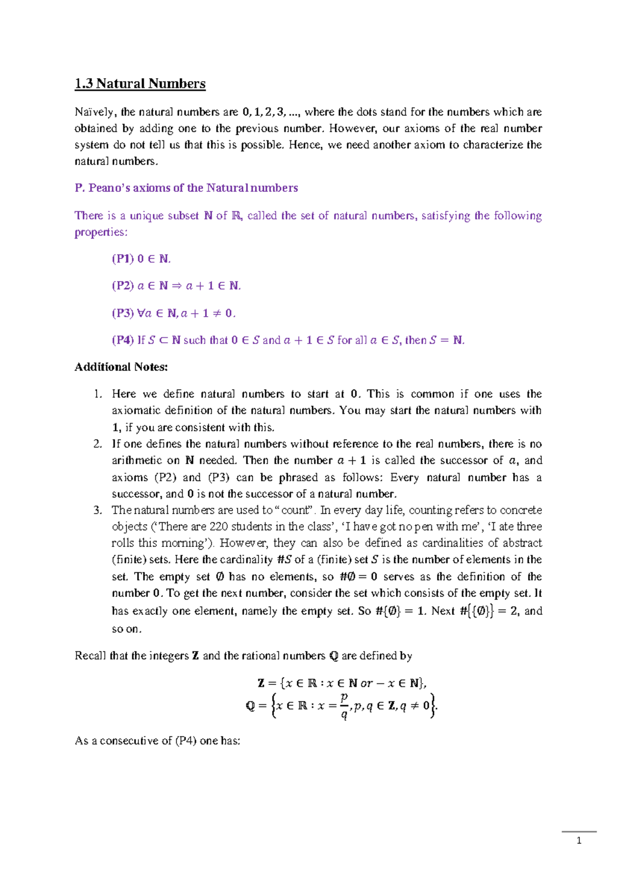 Additional Notes - Section 1 - 1 1. 3 Natural Numbers Naïvely, the ...