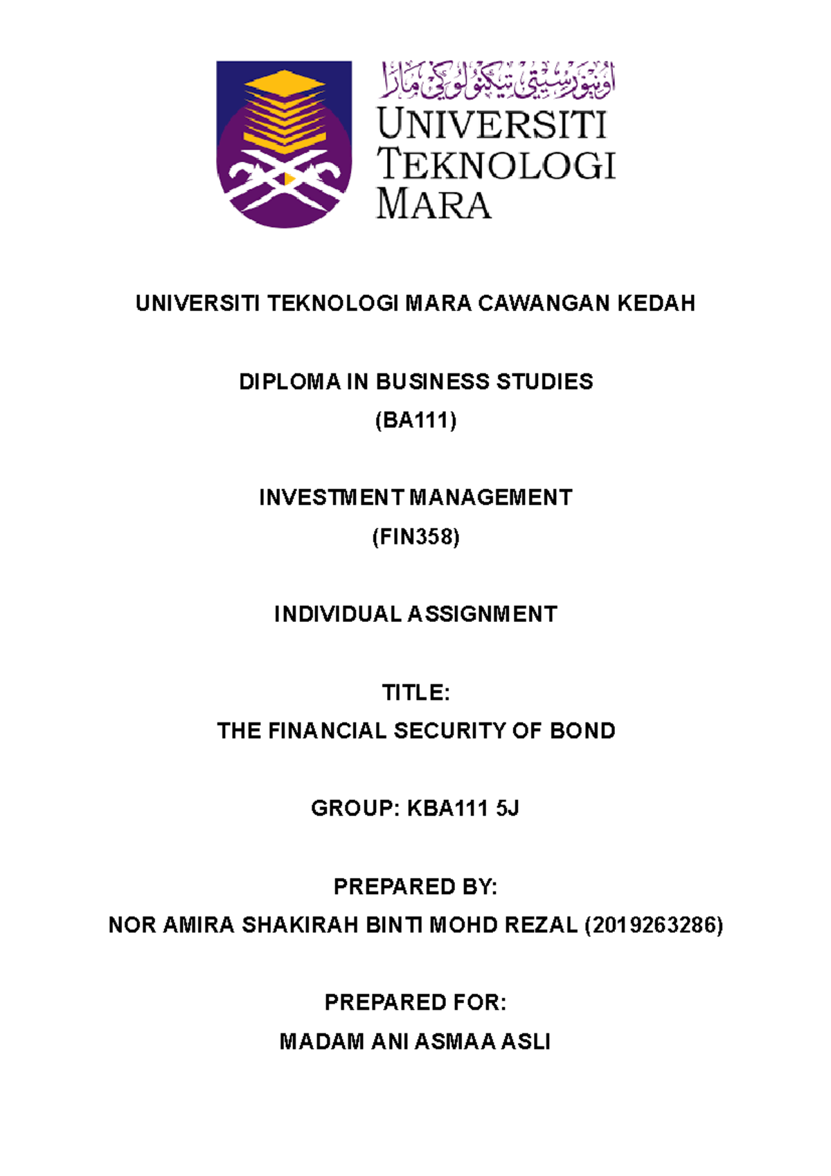 FIN358 Individual Assignment - UNIVERSITI TEKNOLOGI MARA CAWANGAN KEDAH ...