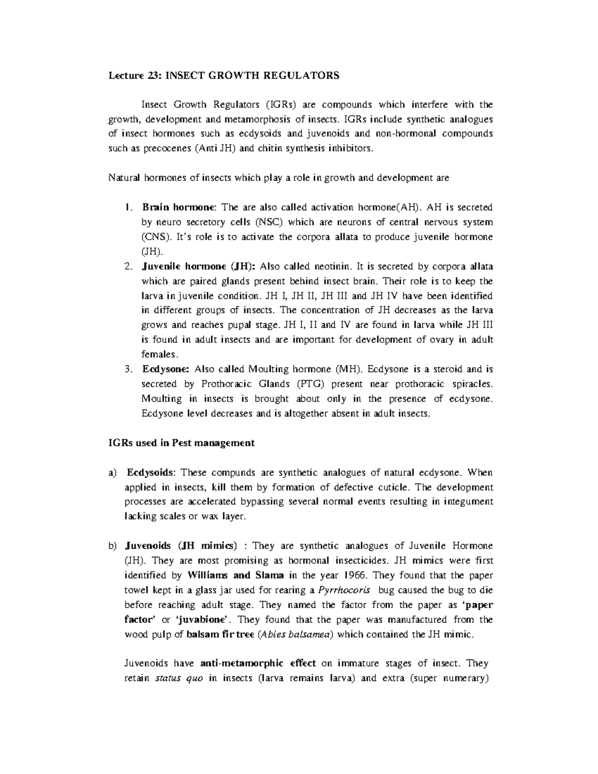 Insect Growth Regulators (IGRs) - Comprehensive Lecture Notes - Studocu