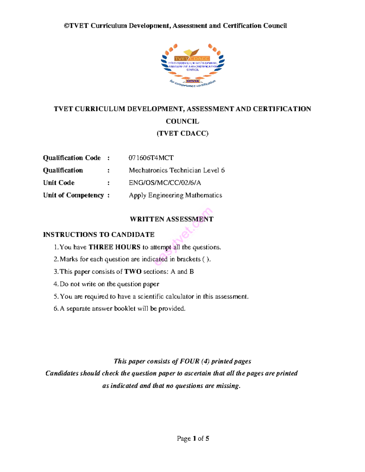 2021n Mechatronics Technician Level 6 Maths Assessment Guide - Studocu