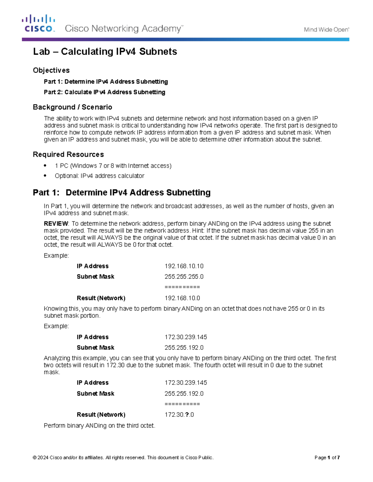 8.1.4.6 Lab - Calculating IPv4 Subnets - Objectives Part 1: Determine ...