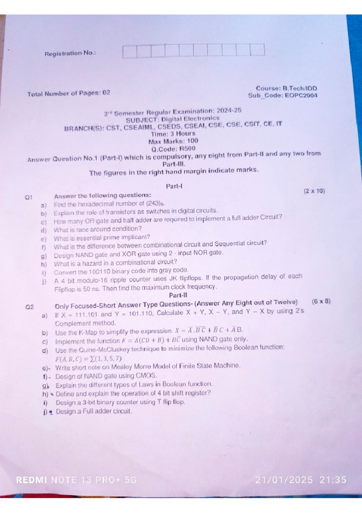 BPUT EOPC2004 Digital Electronics 3rd Sem Exam Question Paper 2024-25 ...