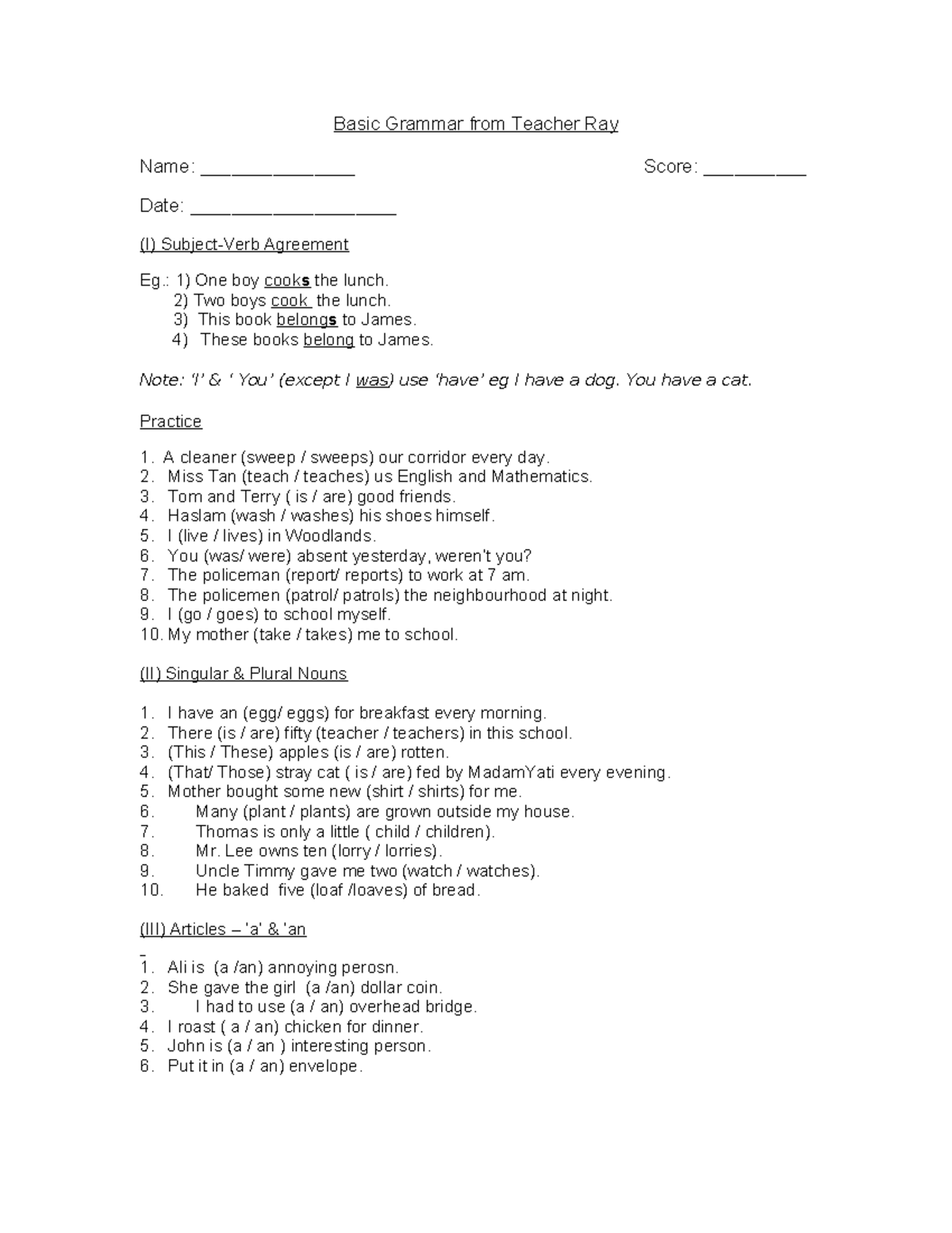 Basic Grammar Notes for T Ray: Agreement & Nouns - Studocu