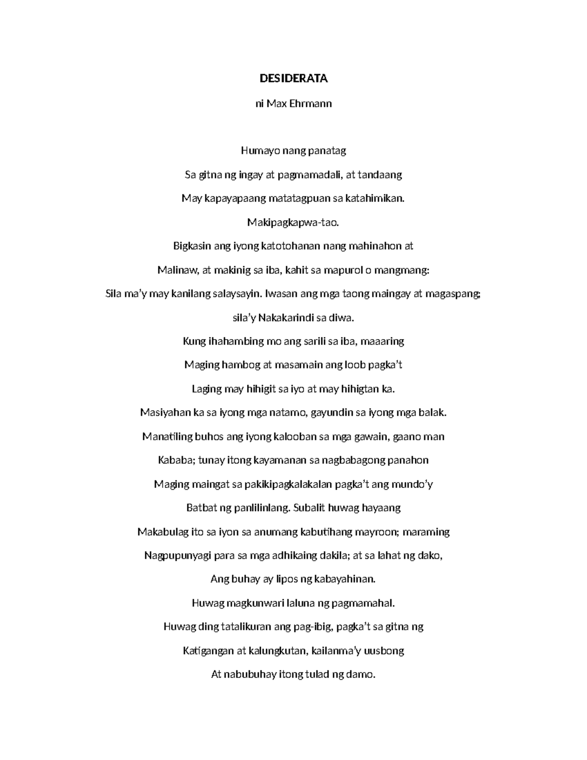 Desiderata ni Max Ehrmann - LECTURE Notes sa Tagalog - Studocu