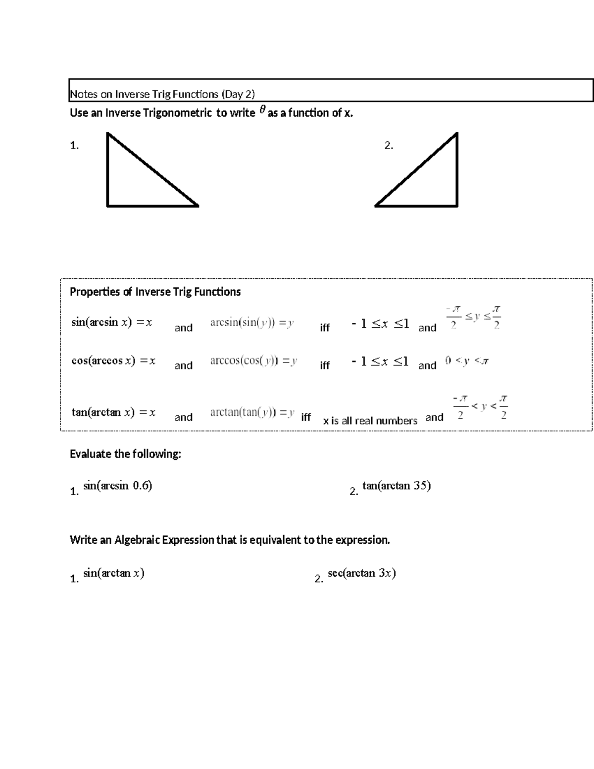 Notes and WS on Inverse Trig Functions (Day 2) - Studocu