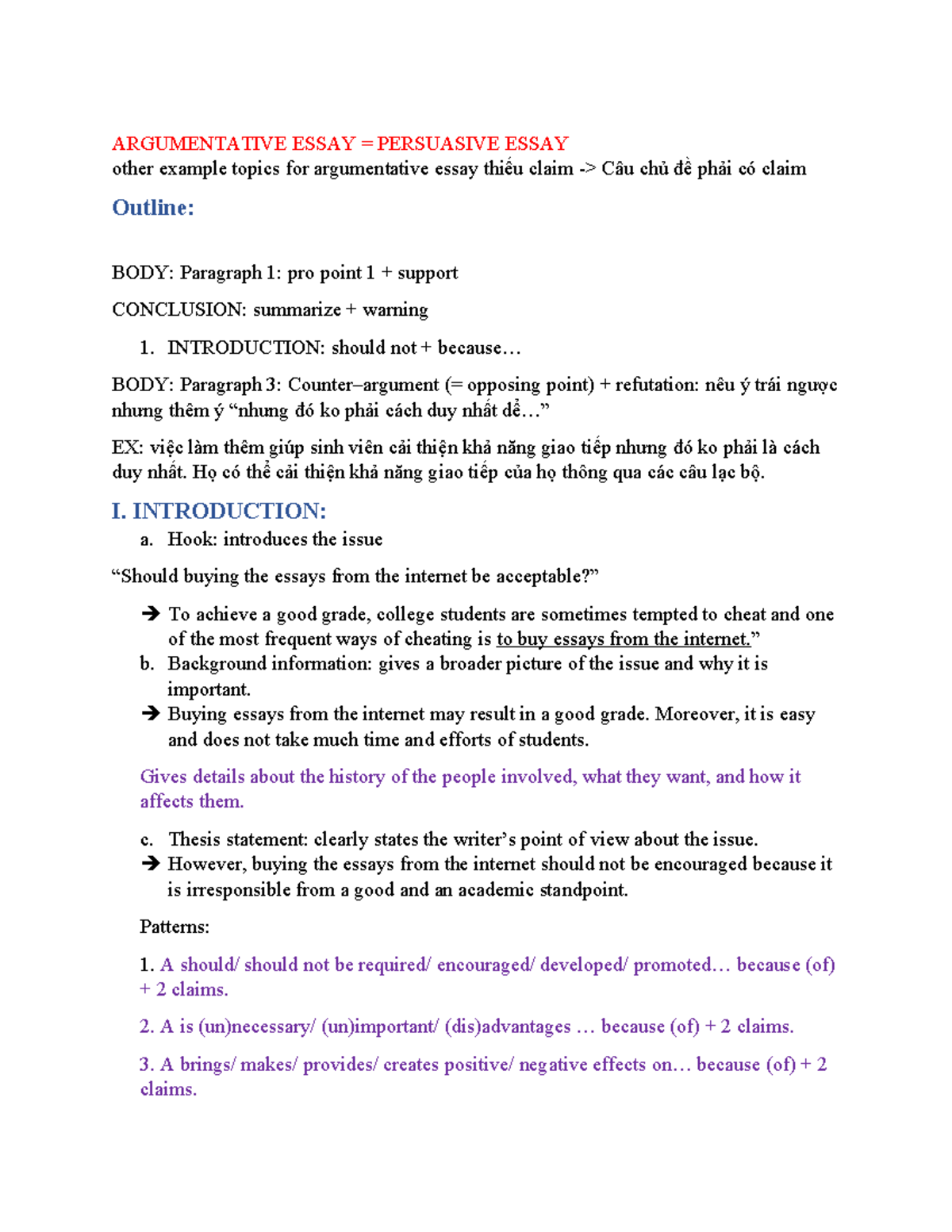 Argumentative Essay - outline - ARGUMENTATIVE ESSAY = PERSUASIVE ESSAY other example topics for ...