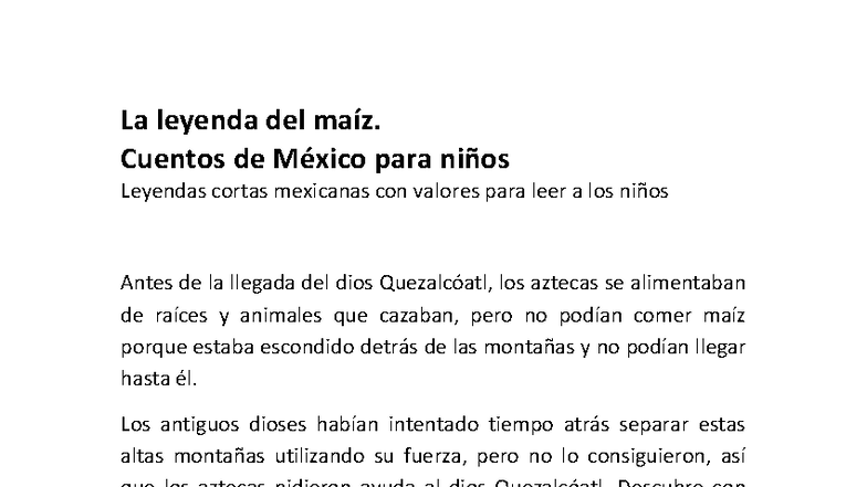 La leyenda del maíz: Cuento Mexicano para Niños - Studocu
