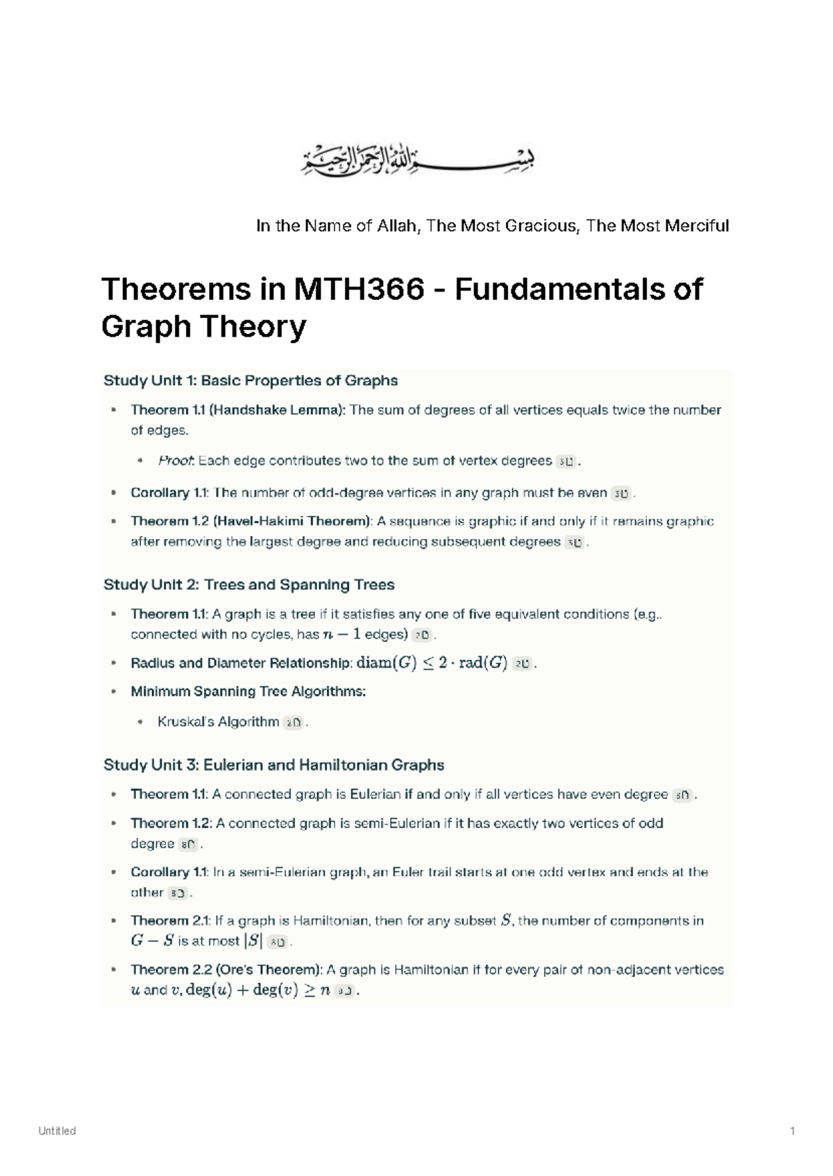 Theorems in MTH366: Fundamentals of graph theory - vertex coloring ...