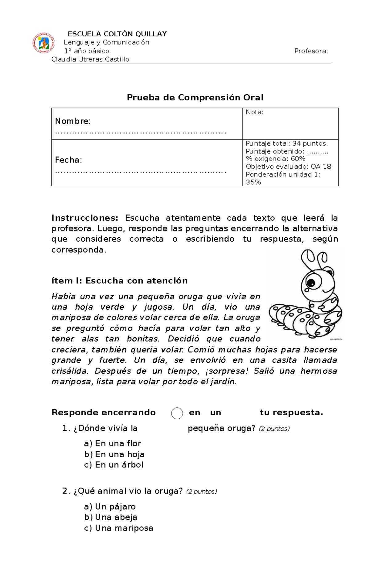 Prueba de Comprensión Auditiva - Lenguaje 1° Básico - Studocu