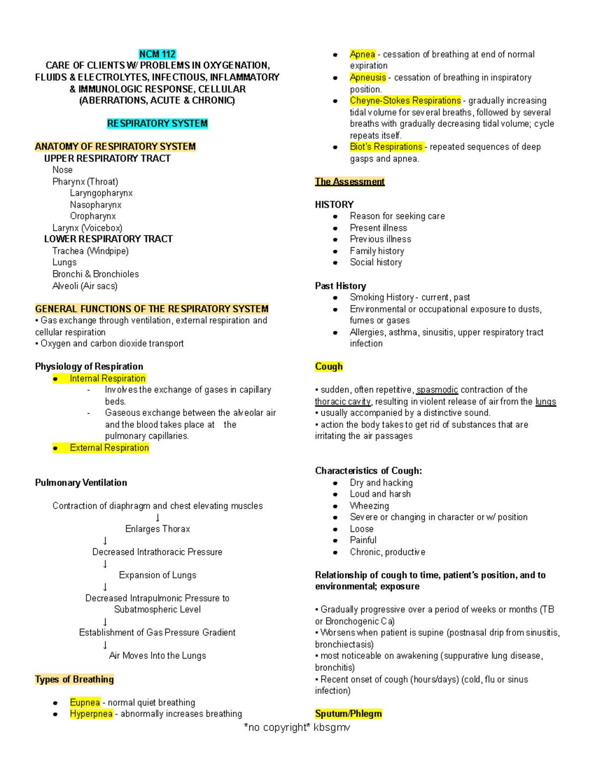 NCM 112 - Comprehensive Notes on Respiratory System Care and Disorders ...