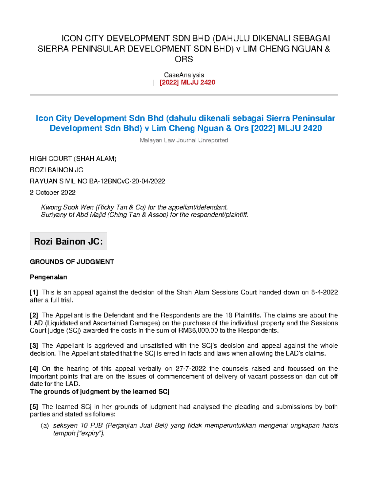 Judgment Analysis: Icon City Development Sdn Bhd v. Lim Cheng Nguan ...