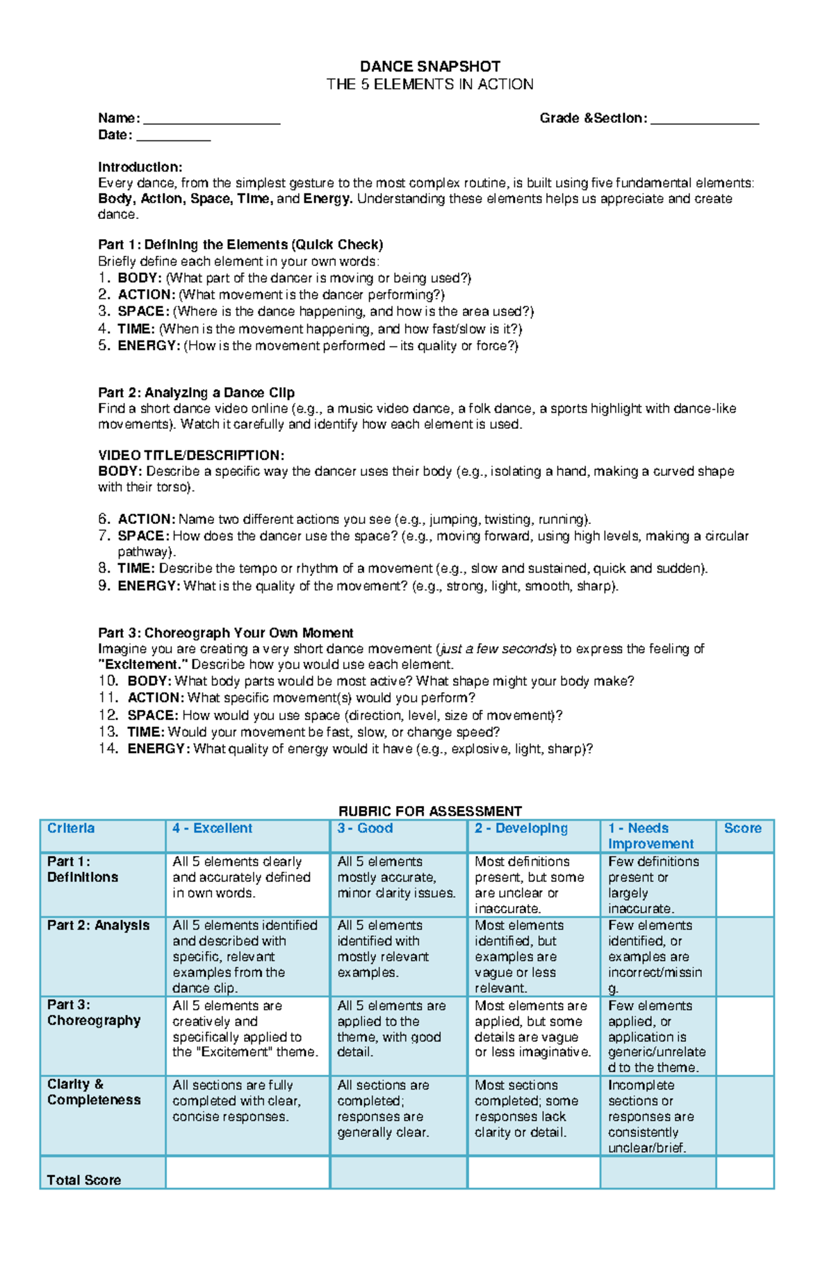 Asynchronous Worksheet: Exploring the 5 Elements of Dance (CPAR) - Studocu