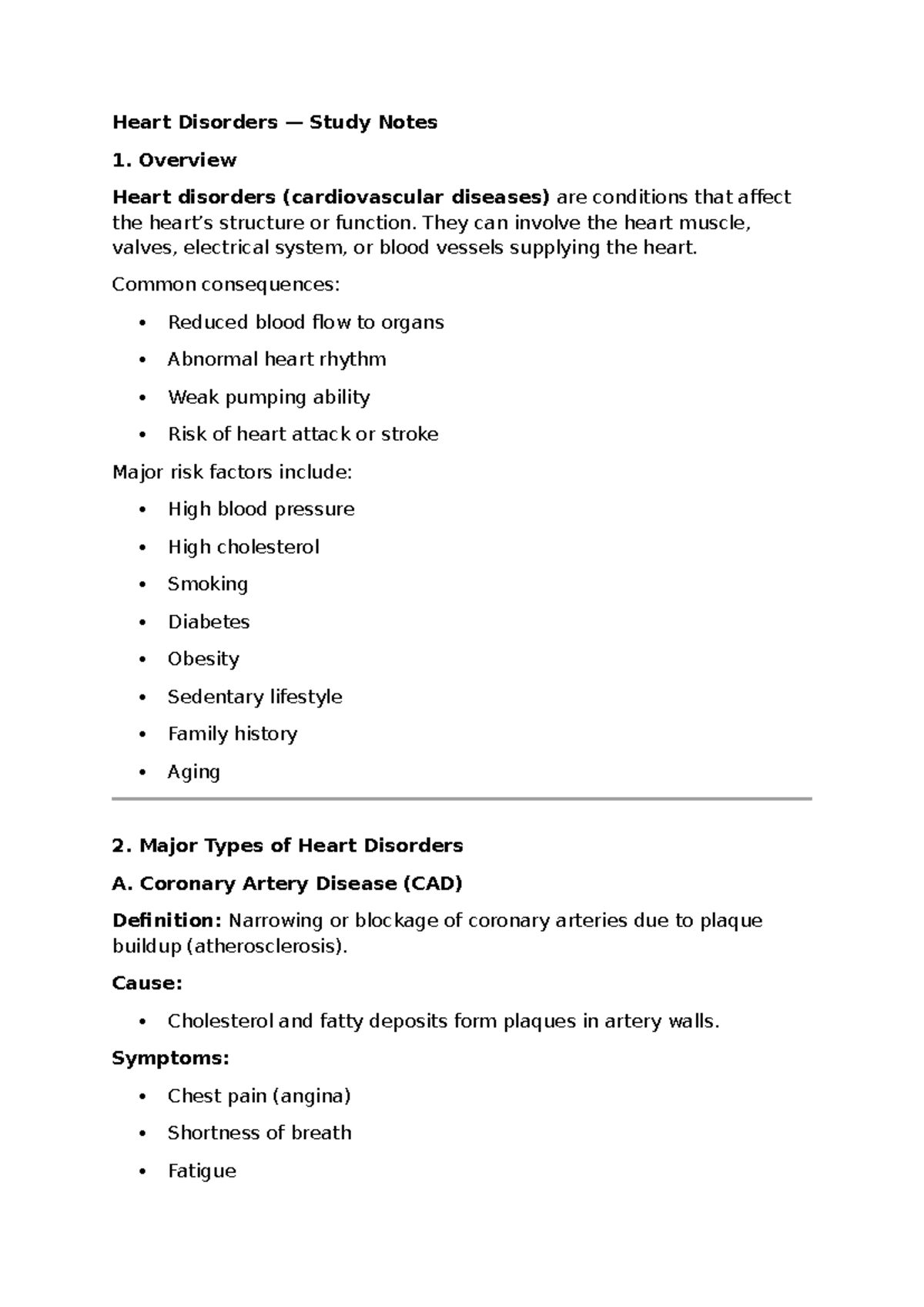 Heart Disorders Study Notes: Overview & Major Types - Studocu