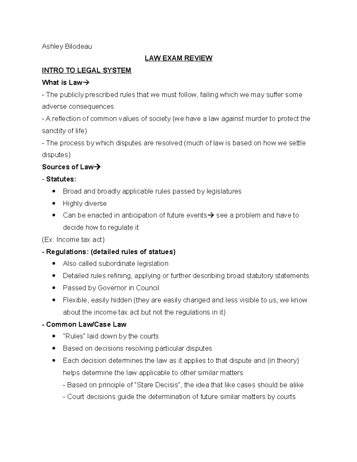 Law Exam Review 1 - brief concise notes - Ashley Bilodeau LAW EXAM ...