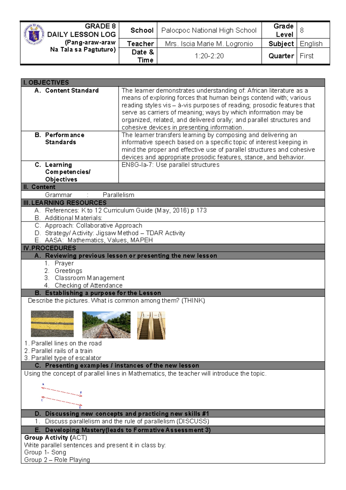 DLP English Lesson: Understanding Parallelism in Grade 8 - Studocu