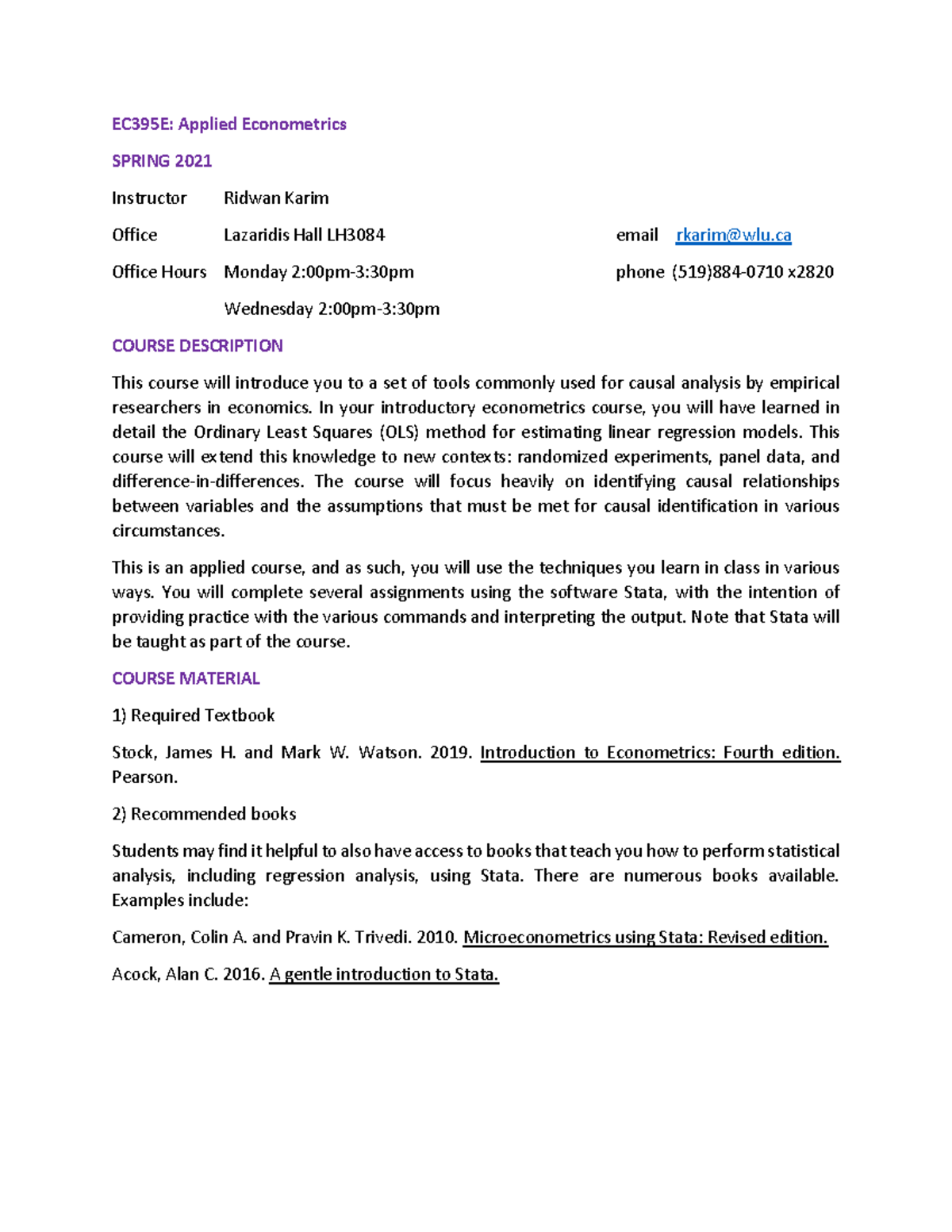 EC395E: Applied Econometrics Course Outline for Spring 2021 - Studocu
