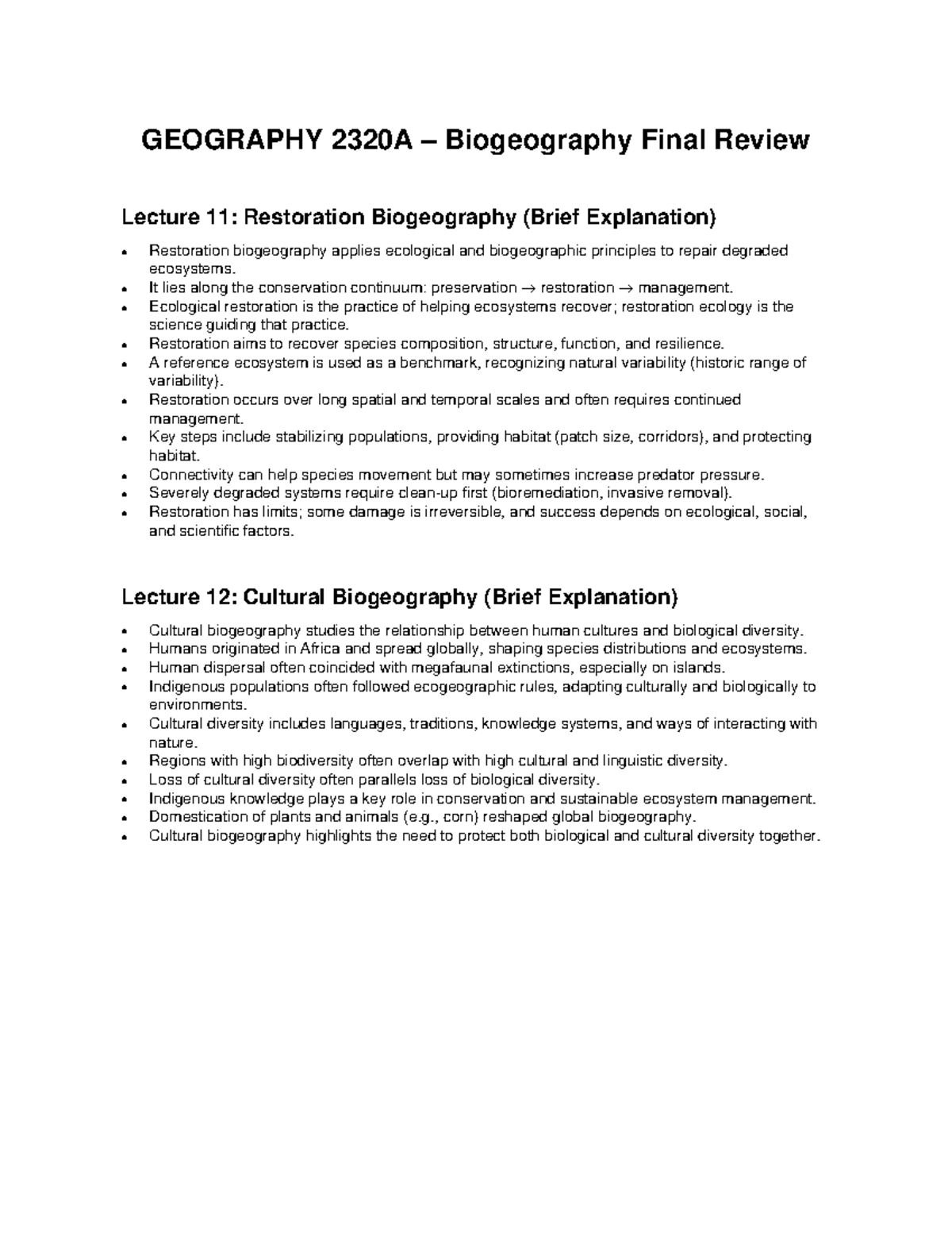 GEOGRAPHY 2320A Biogeography Final Review: Lectures 11 & 12 Insights ...