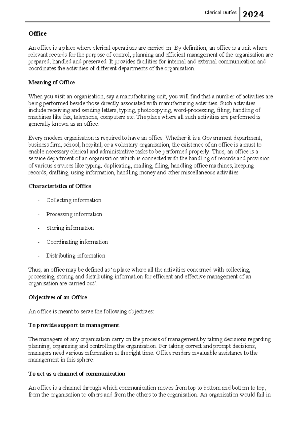 Clerical Duties 2024: Overview of Office Functions and Layout - Studocu