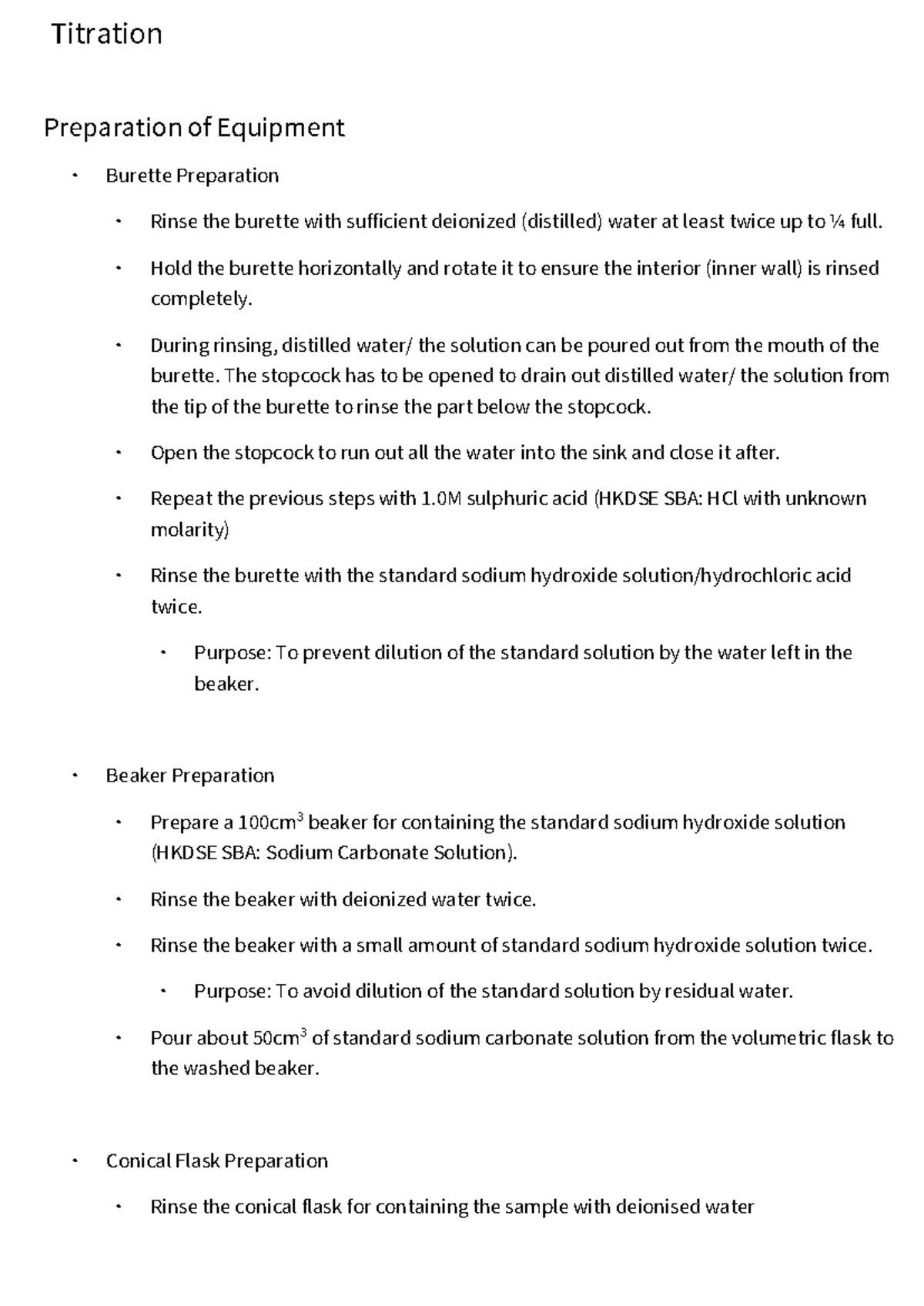 Titration Notes: Equipment Prep & Procedure for HKDSE SBA - Studocu