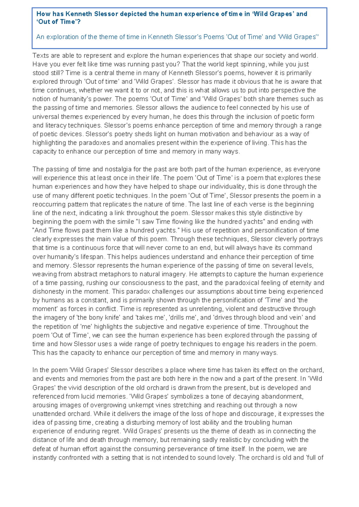 Comparative Essay: Time in Kenneth Slessor's Poetry - Studocu