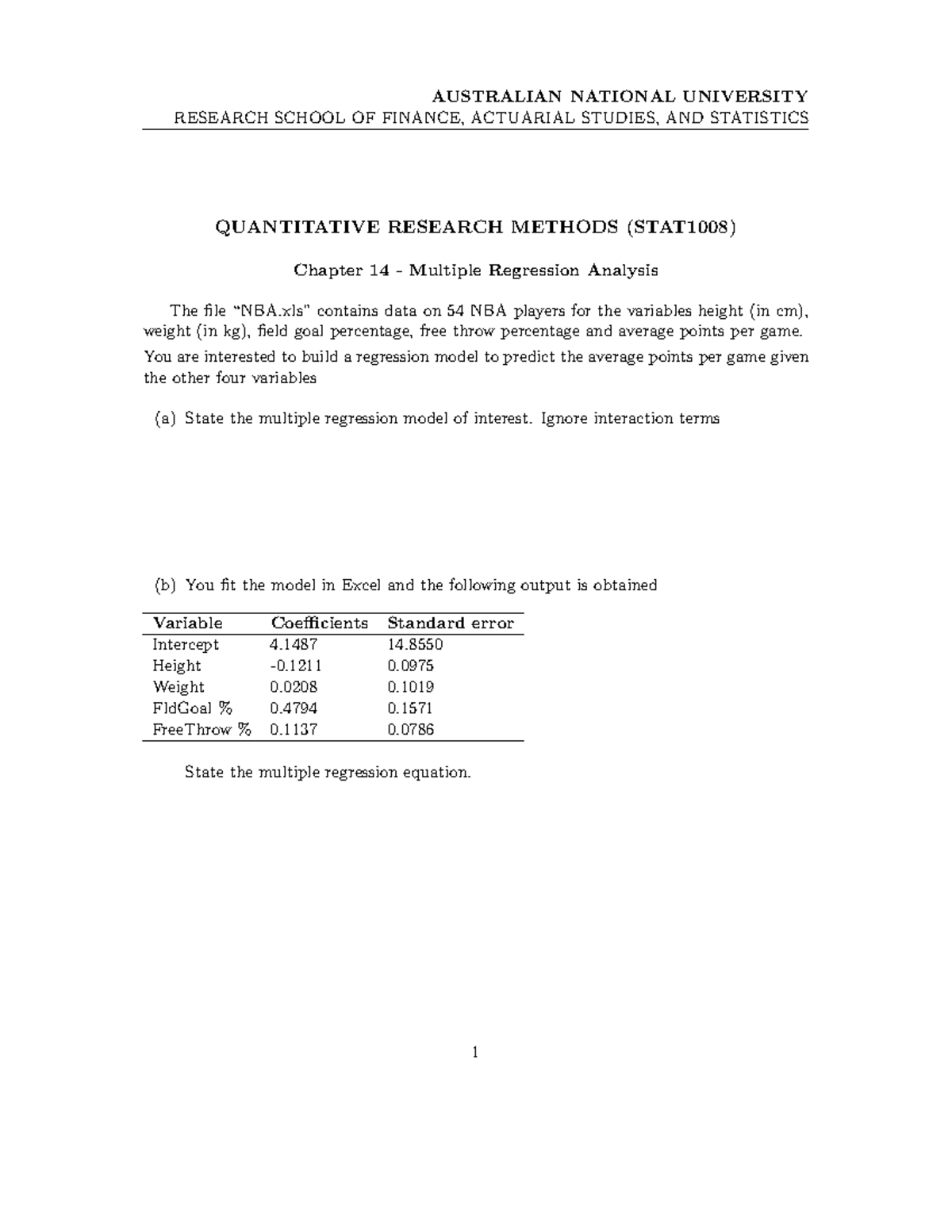 STAT1008 Chapter 14: Multiple Linear Regression Analysis of NBA Players ...