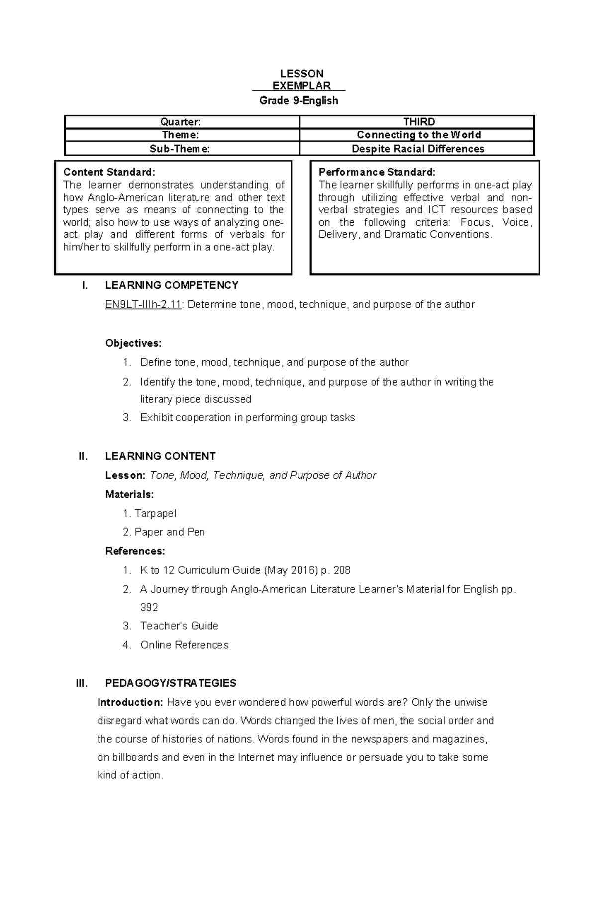 ENG 9 Q3 Lesson Exemplar: Analyzing Tone, Mood, and Author's Purpose ...