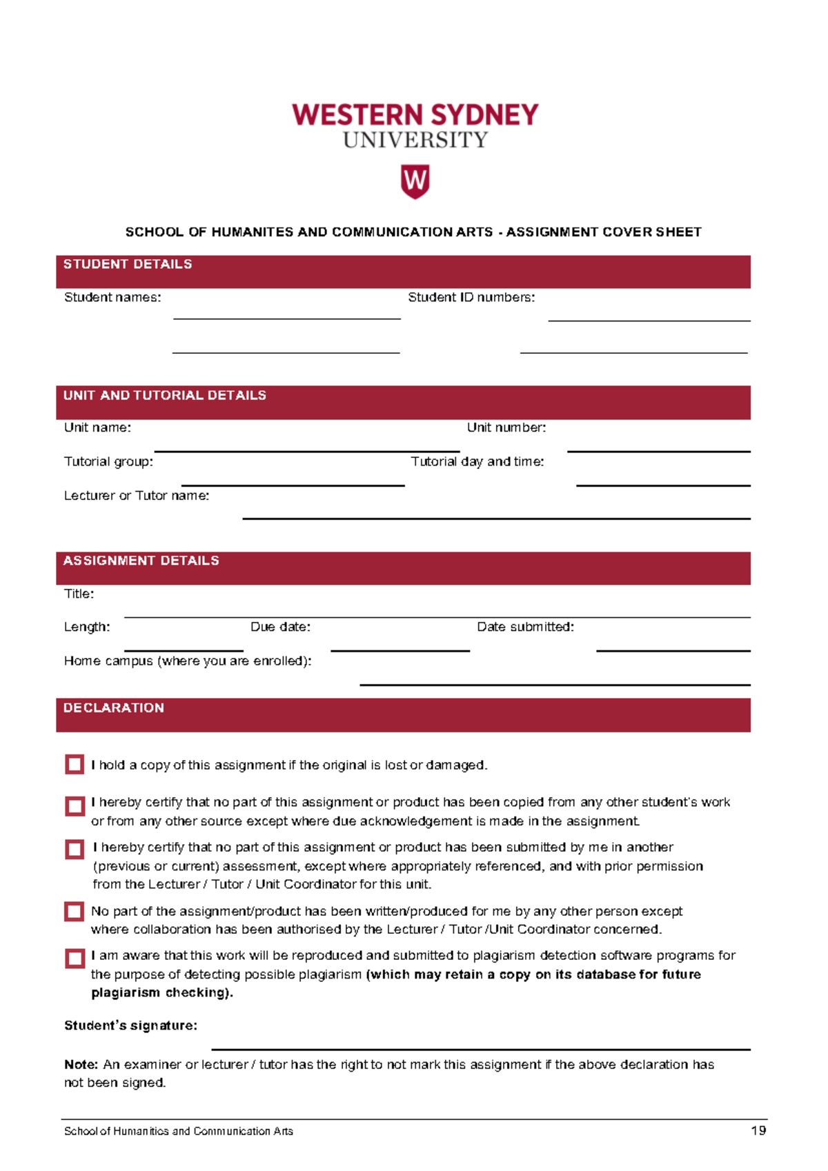 WSU Assignment Cover Sheet - School of Humanities & Comm Arts - Studocu