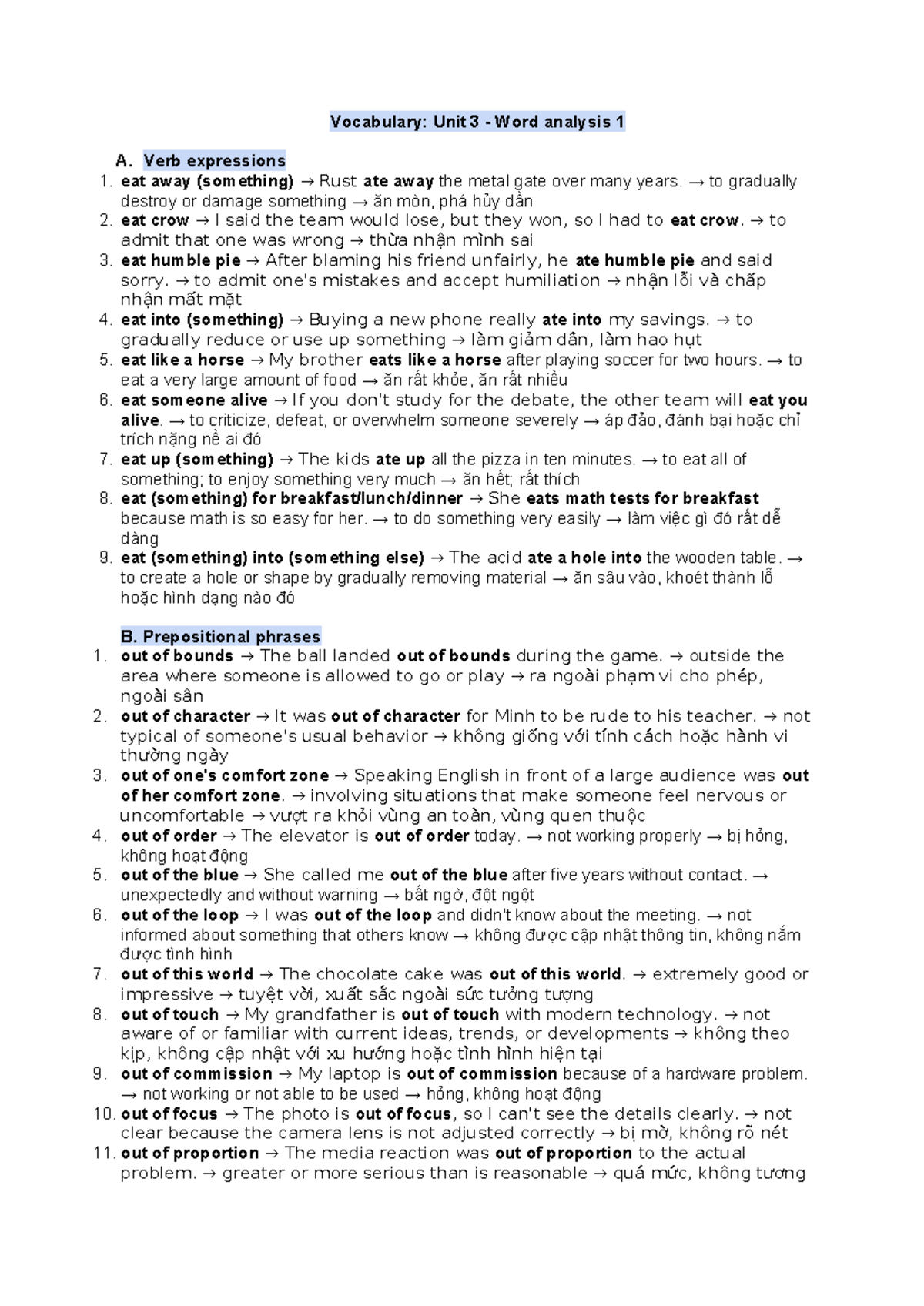 Vocabulary: Unit 3 - Word Analysis and Expressions - Studocu