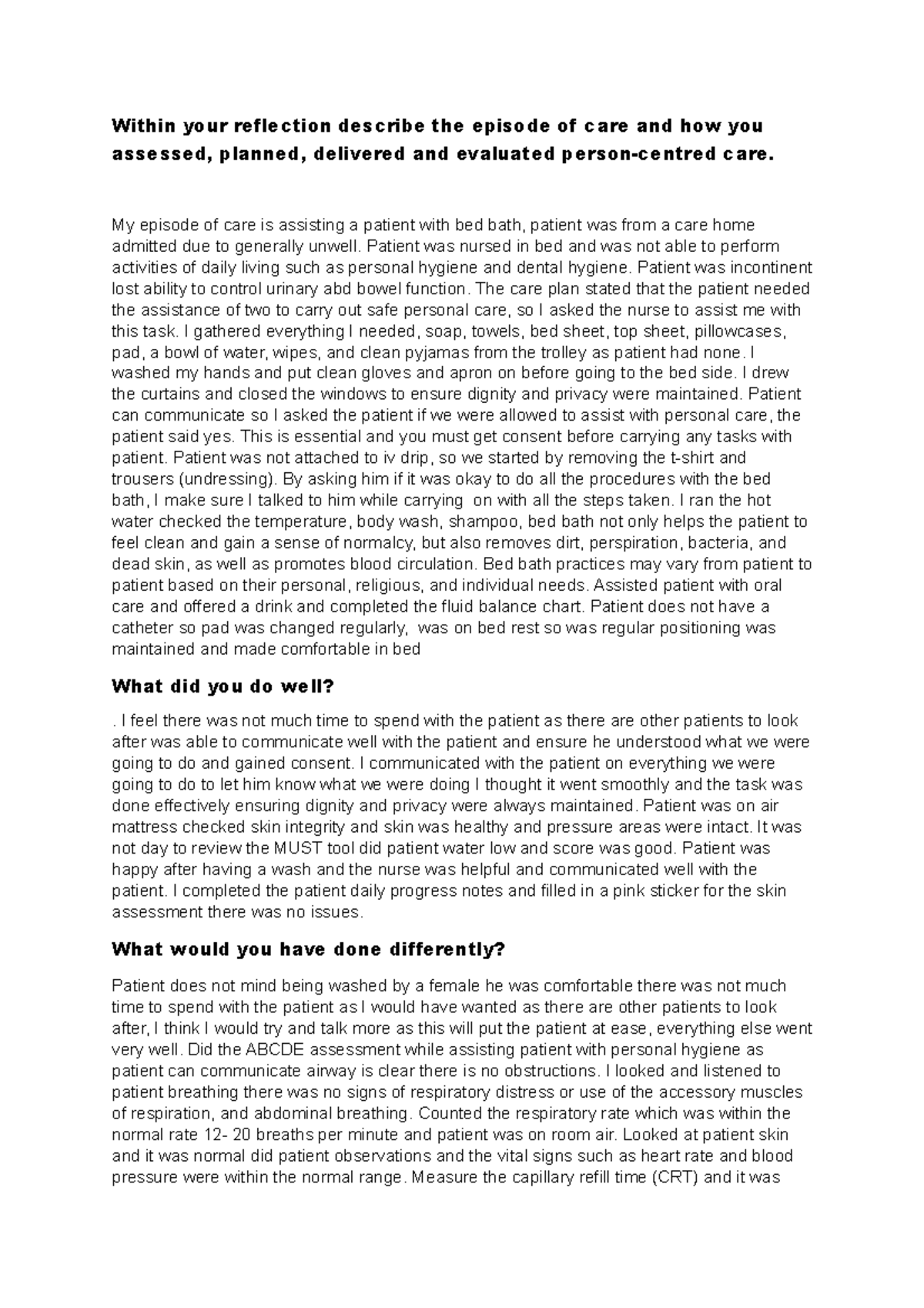 Episode of Care Reflection: Gibb's Model in Person-Centred Nursing ...