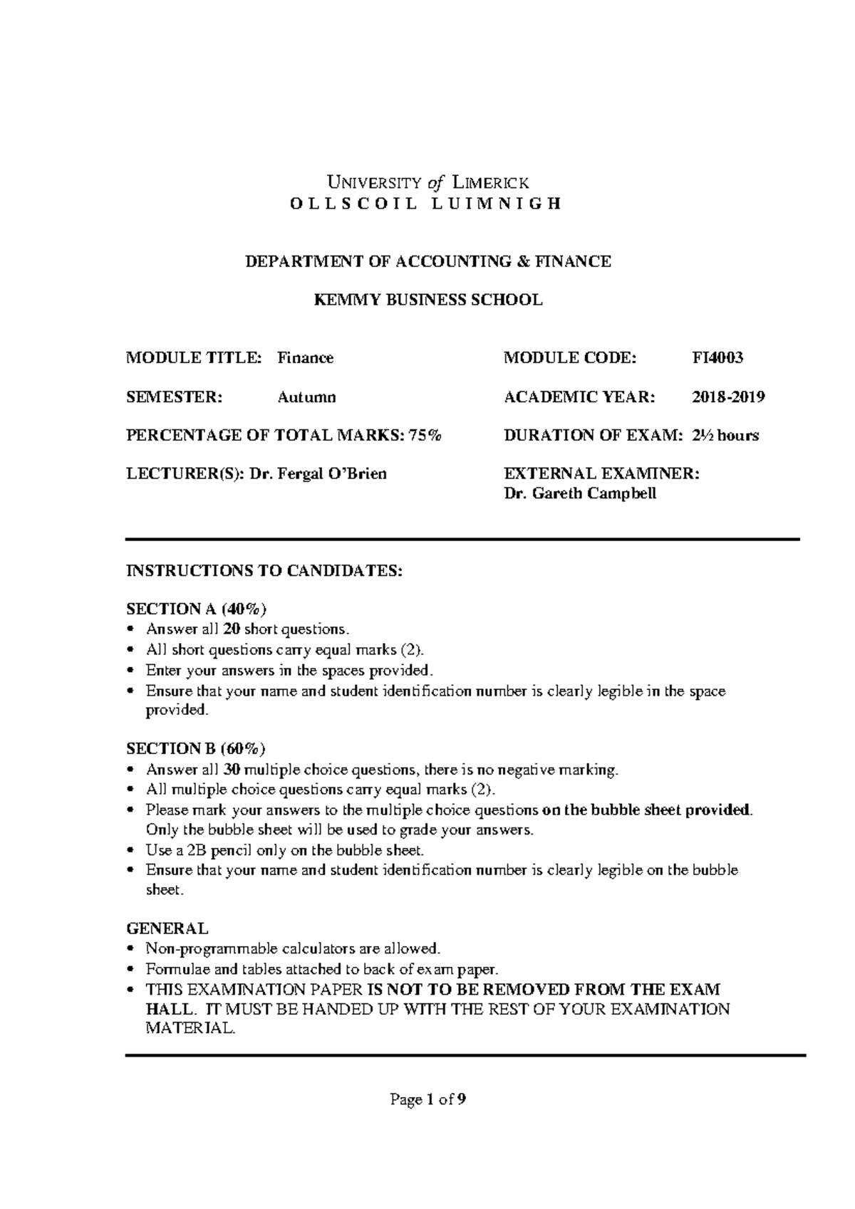 FI4003 Autumn 2018 - Finance Practice Test Paper - Studocu