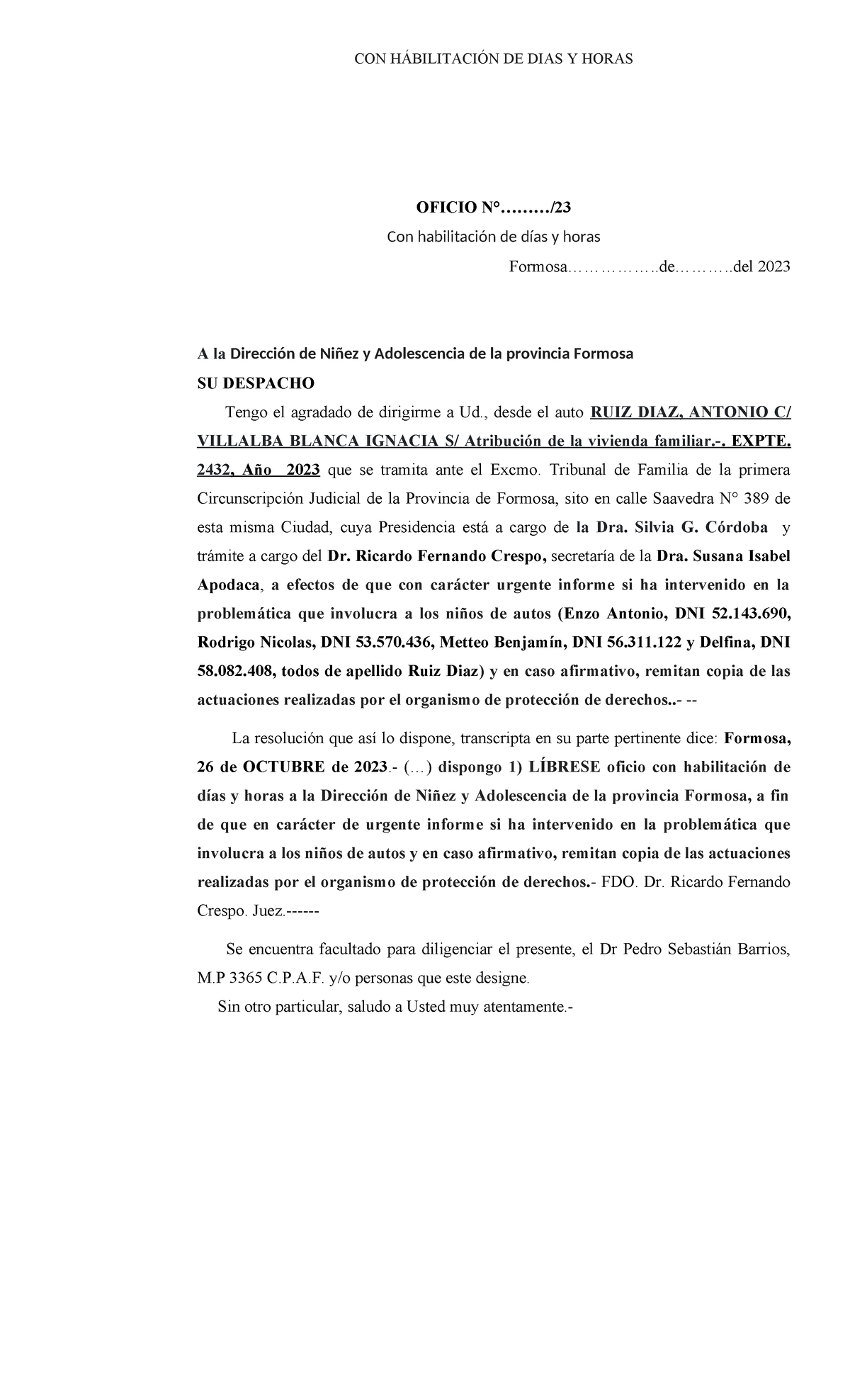 Oficio Niñez - Habilitación Urgente de Días y Horas en Formosa 2023 ...
