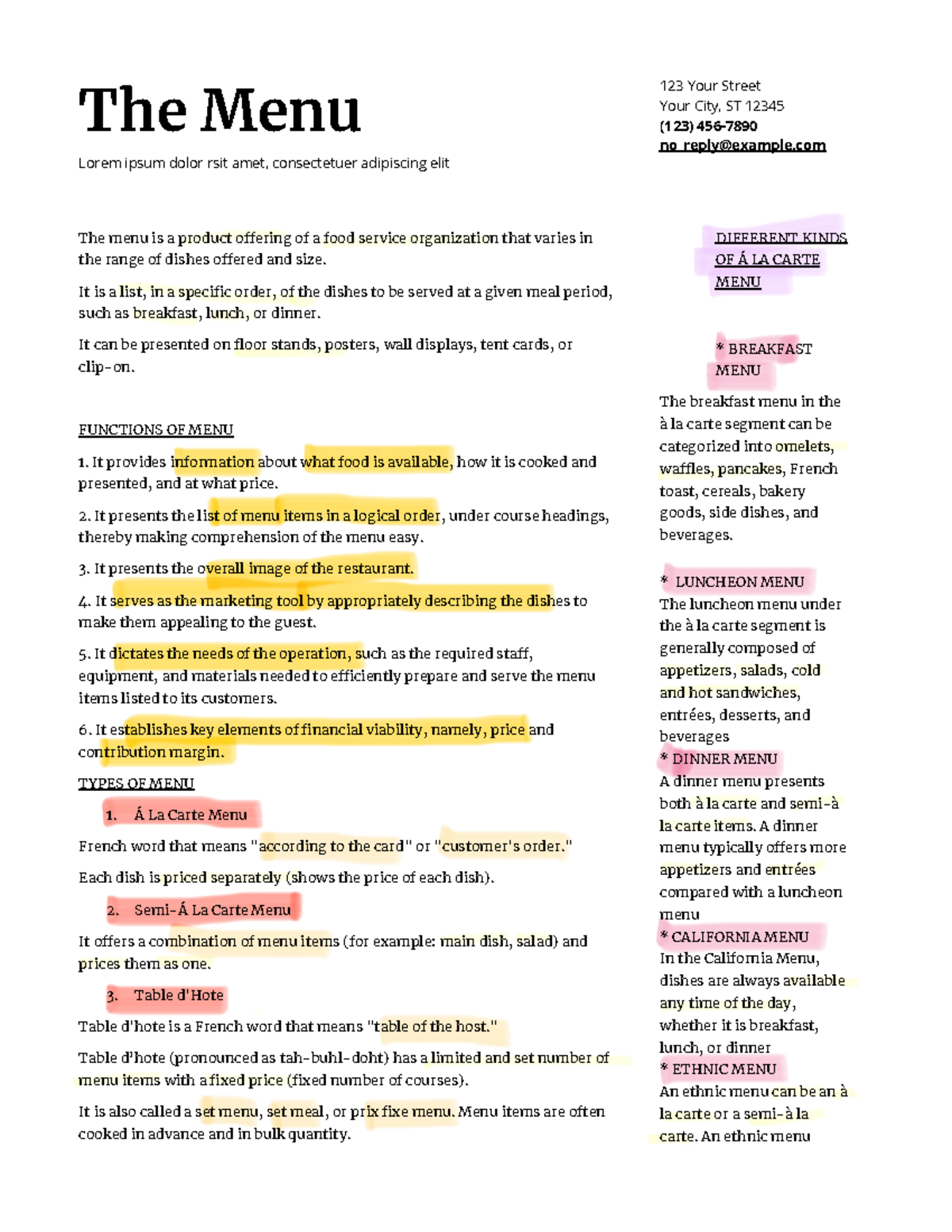 Att - Menu notes - The Menu Lorem ipsum dolor rsit amet, consectetuer ...