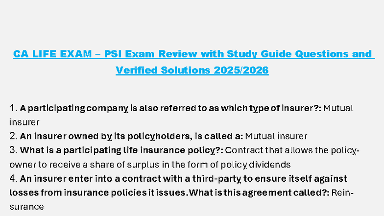 CA LIFE EXAM - PSI Study Guide with Key Questions & Solutions - Studocu