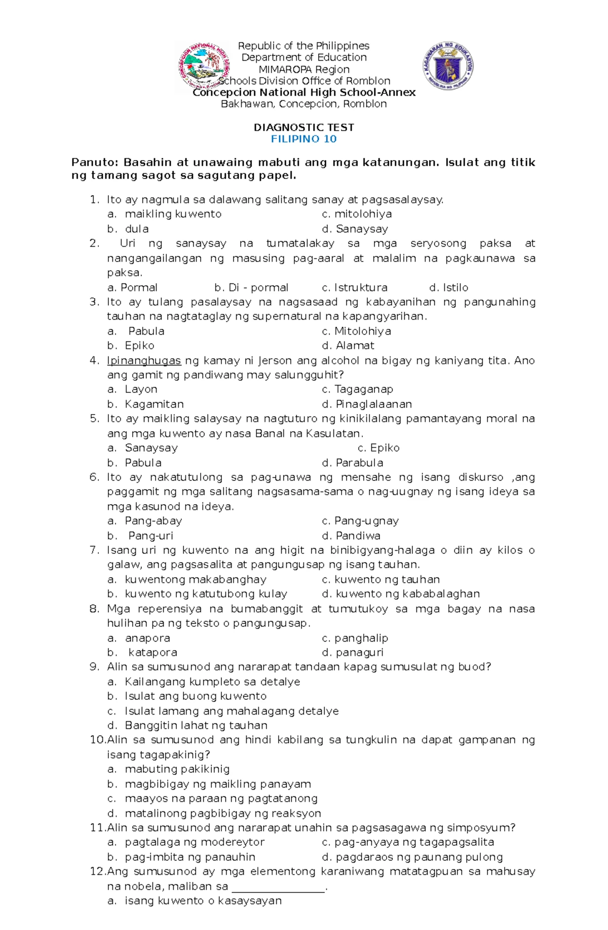 G3 Bo SY CRLA Scoresheets and Class Record - BEGINNING OF SCHOOL YEAR ...