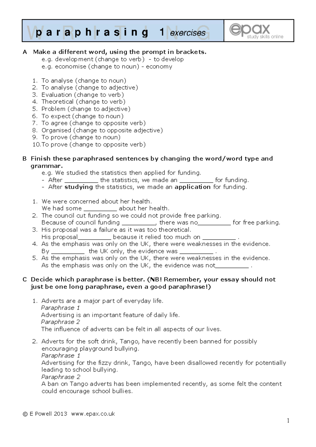 Paraphrasing Exercises for Writing Skills Development - Studocu