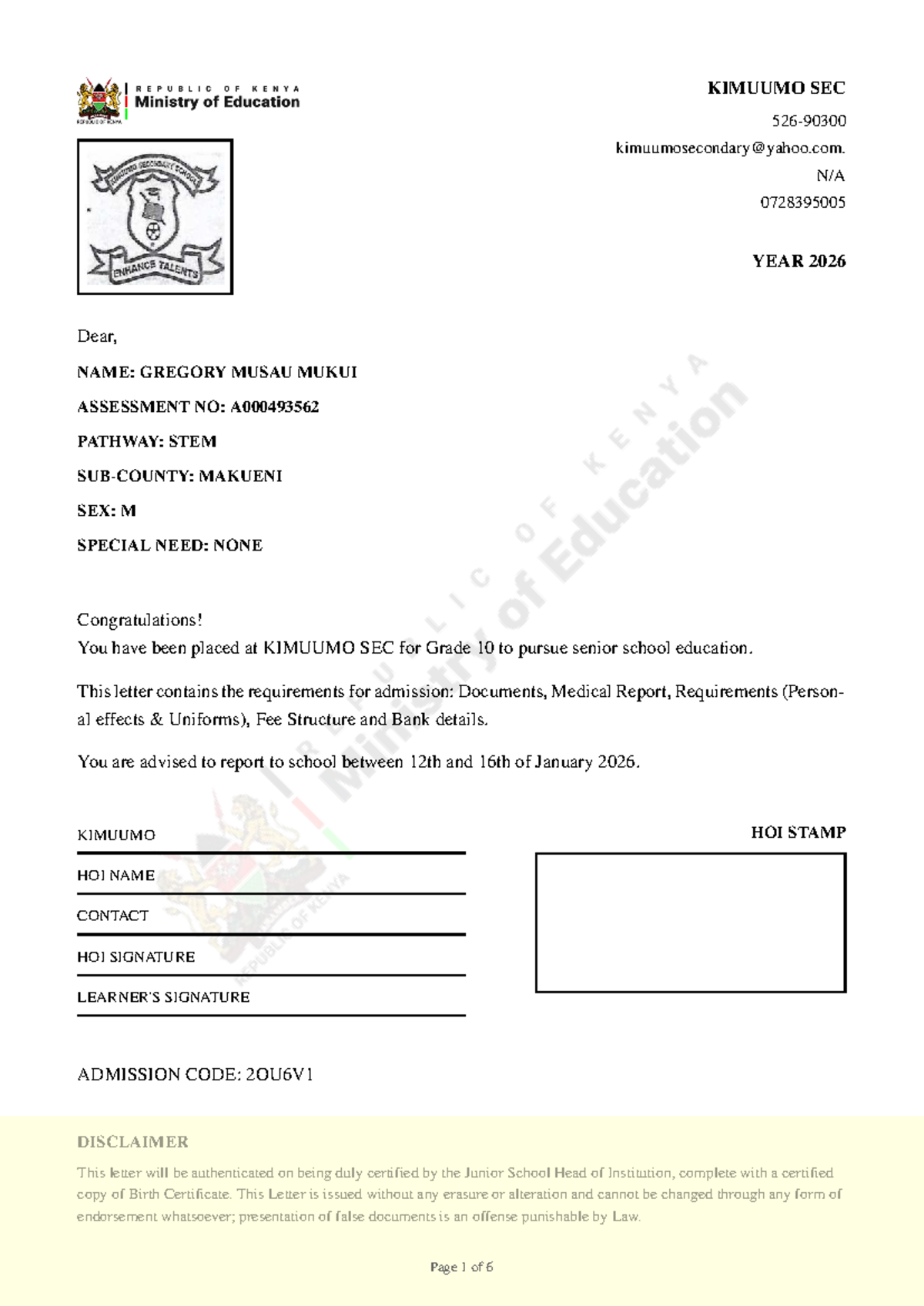 Admission Letter for Gregory Musau Mukui - KIMUUMO SEC 0728395005 - Studocu